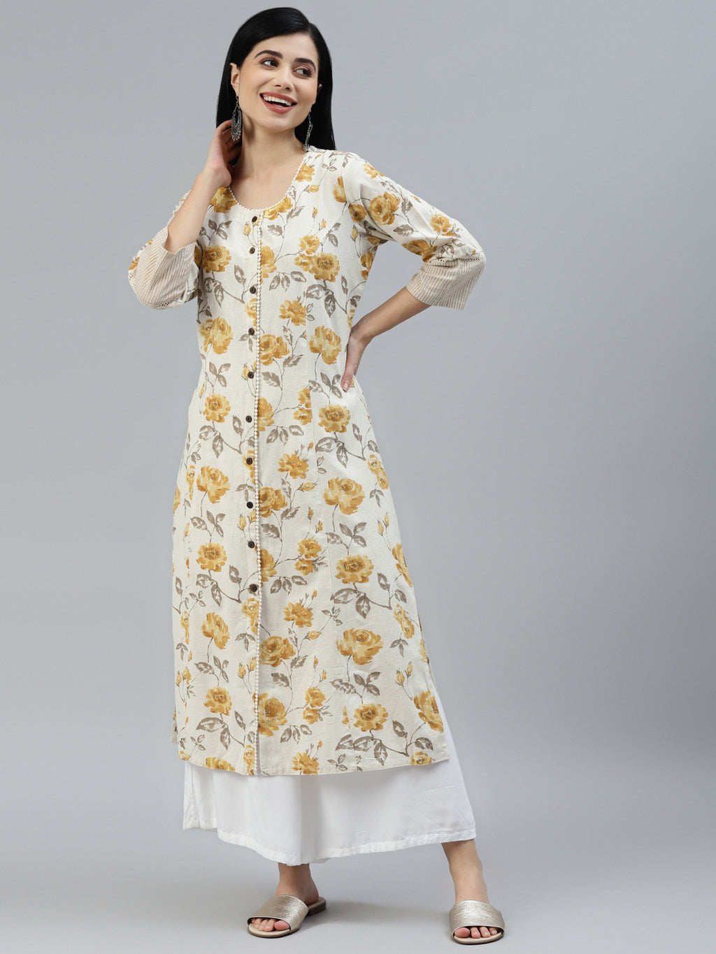Divena Floral Print Yellow Cotton A-line Kurta – divena world