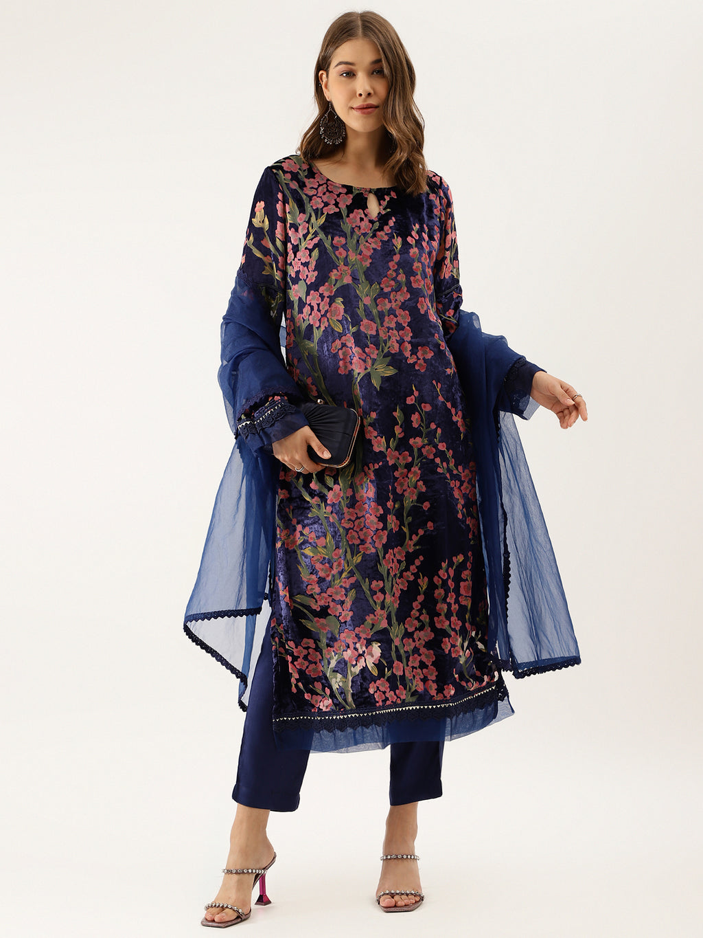 Divena Blue Floral Burnout Velvet Kurta Set with Organza Dupatta ...