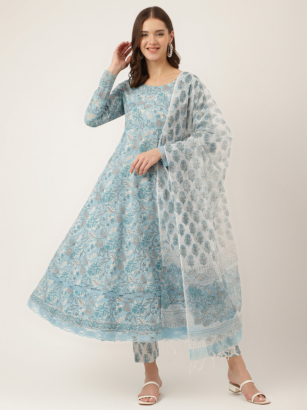 Divena Sky Blue Hand Block Floral Print Cotton Kurta, Trouser With Dup ...