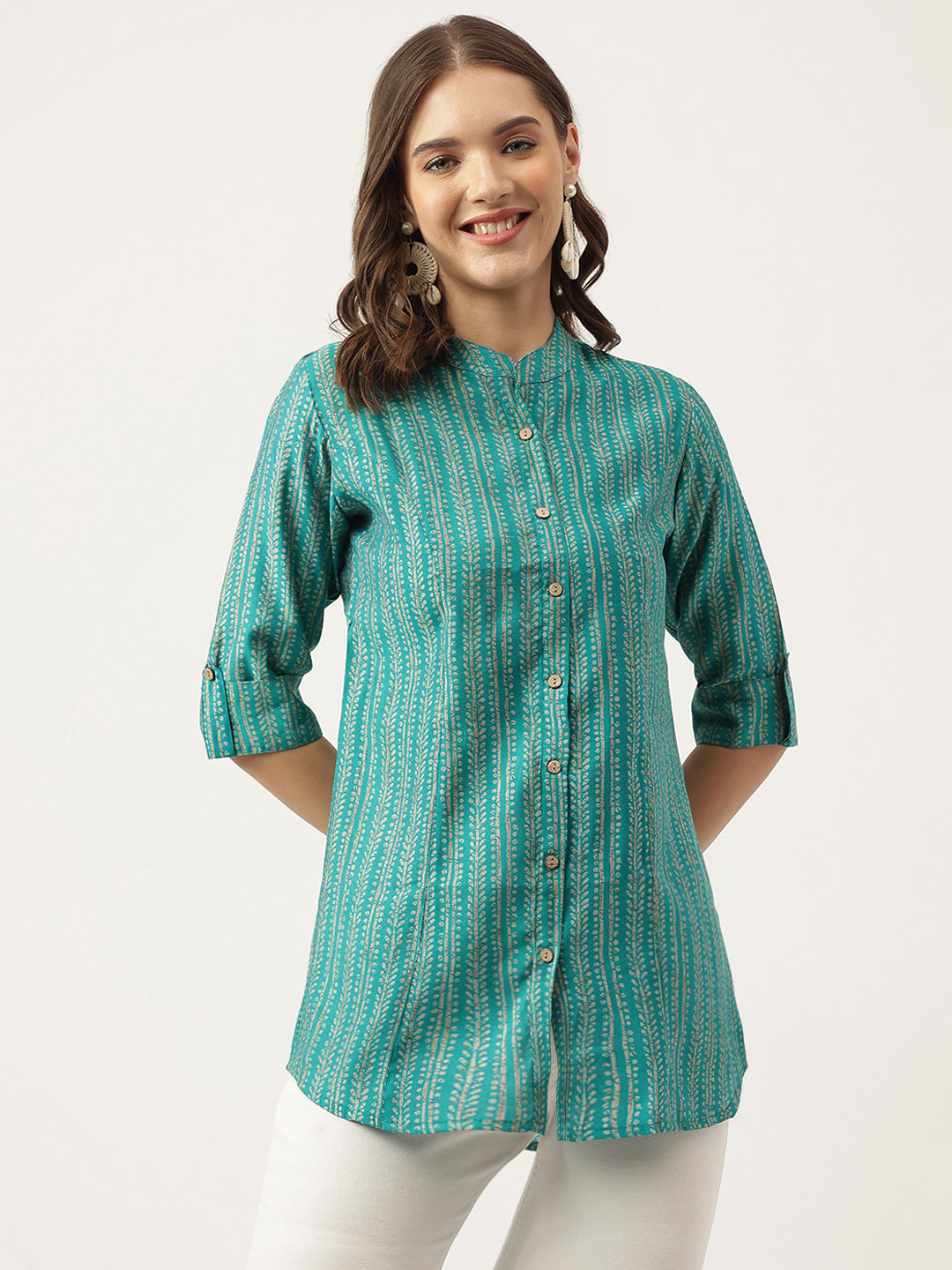 Divena Teal Blue Printed Muslin Fold Sleeve top – divena world