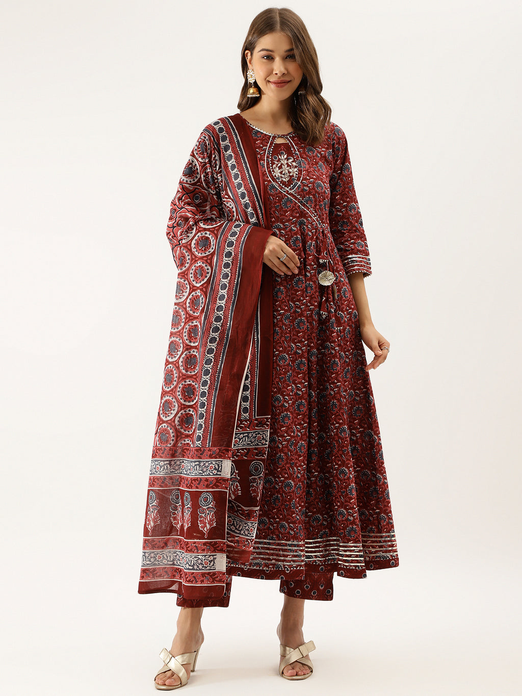 Maroon Floral Printed Cotton Anarkali Kurta Set with Dupatta – divena world
