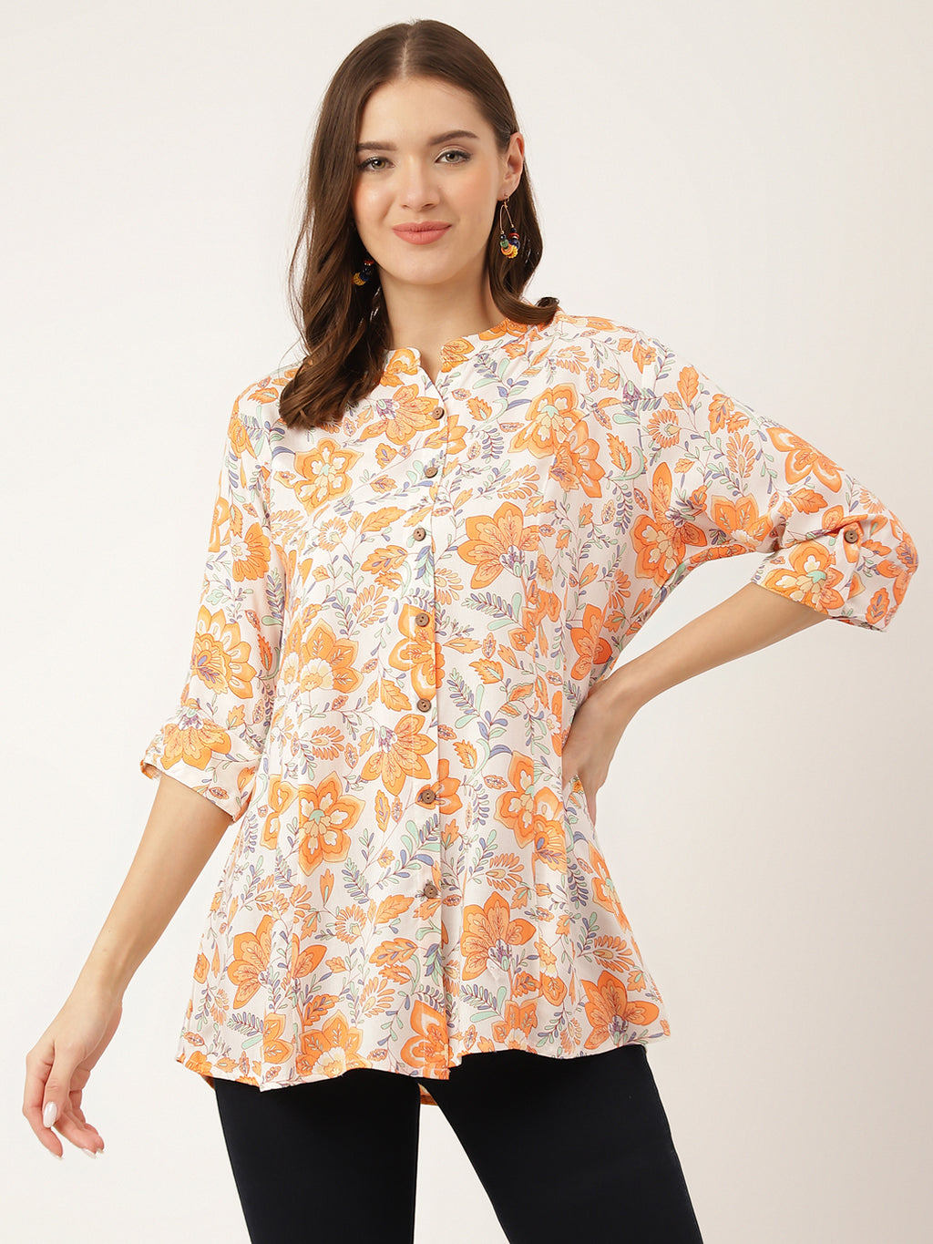 Divena Orange Floral Print Rayon Regular Top – divena world