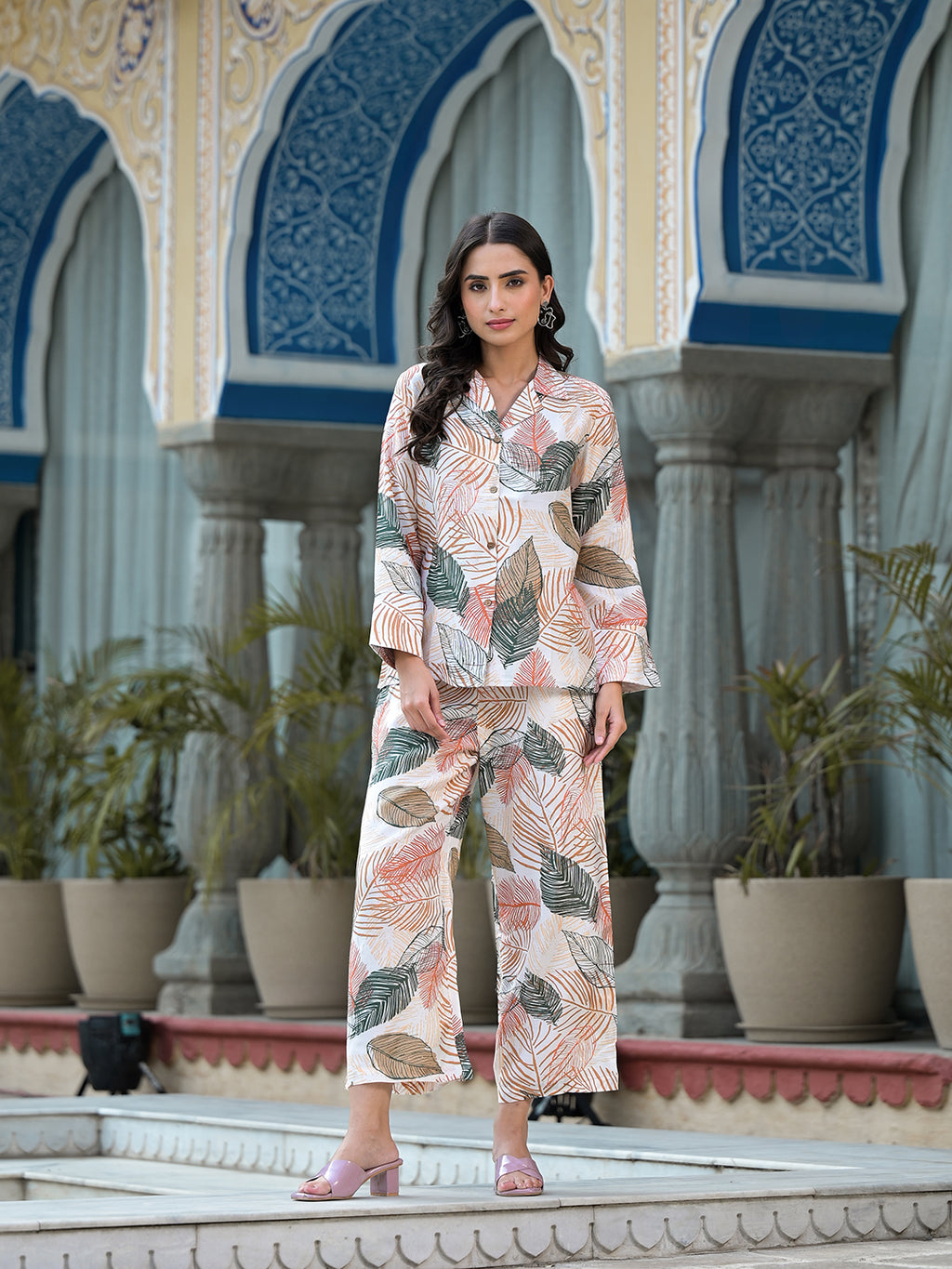 Divena MultiColored Leaf Printed Muslin Co-ord Set – divena world