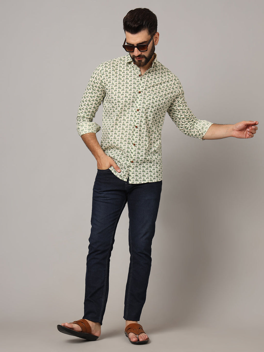 MILLENNIAL MEN Green Ethnic Motif Pure Cotton Regular Fit Casual Full ...