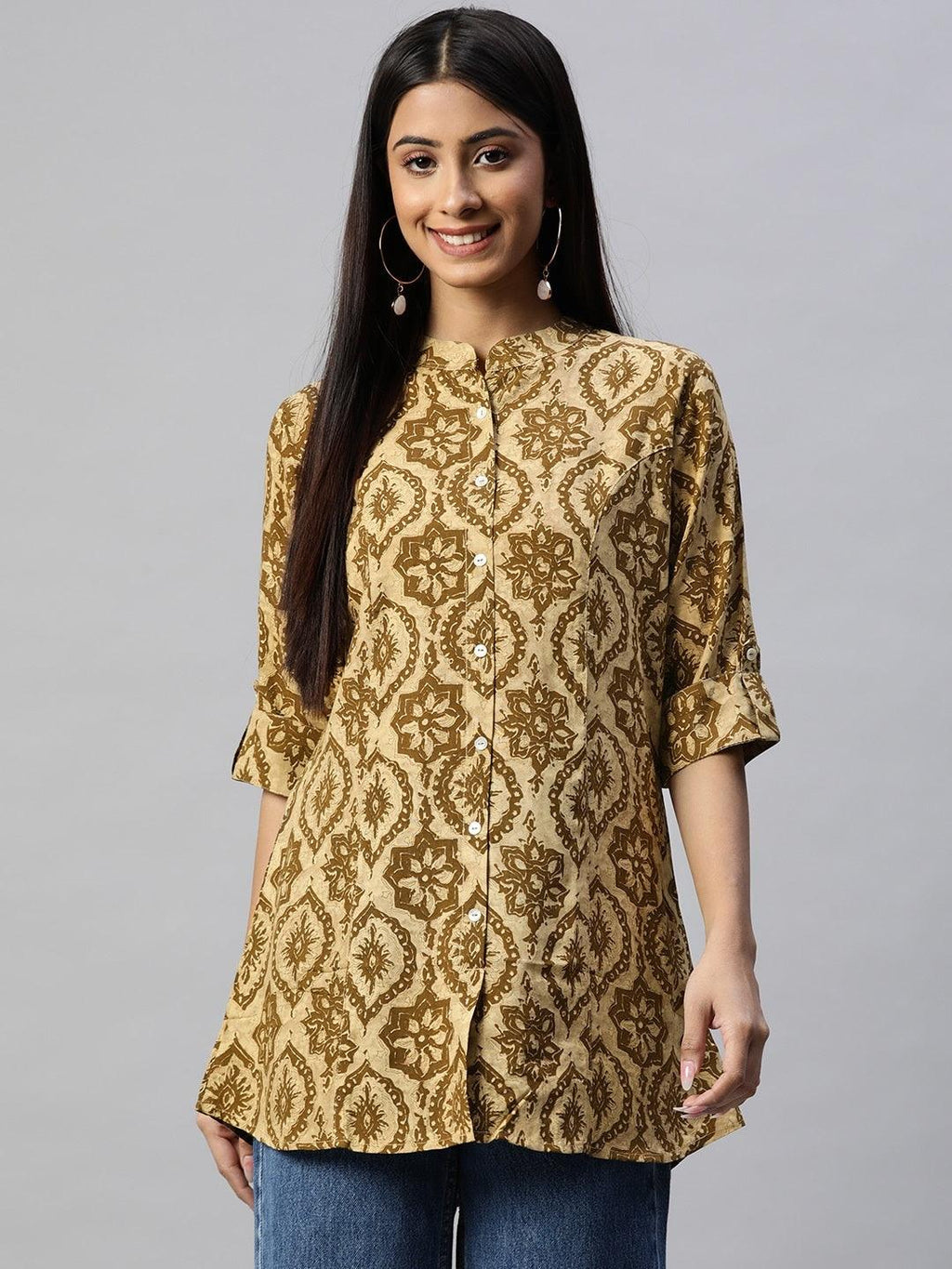 Divena Coffee Brown Floral Rayon A-line Shirts Style Top – divena world