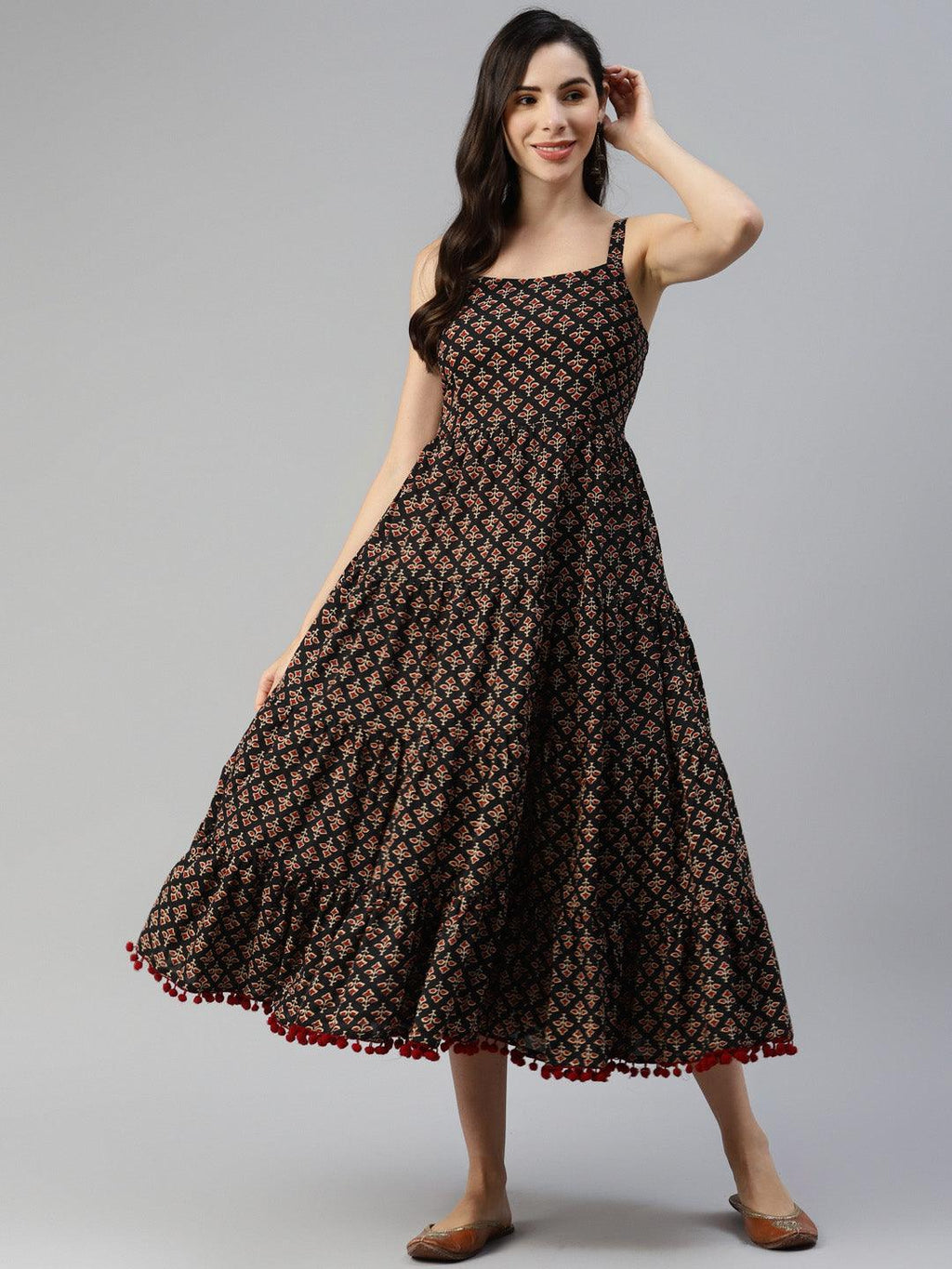 Divena Black Floral Printed Shoulder Strip Long dress – divena world